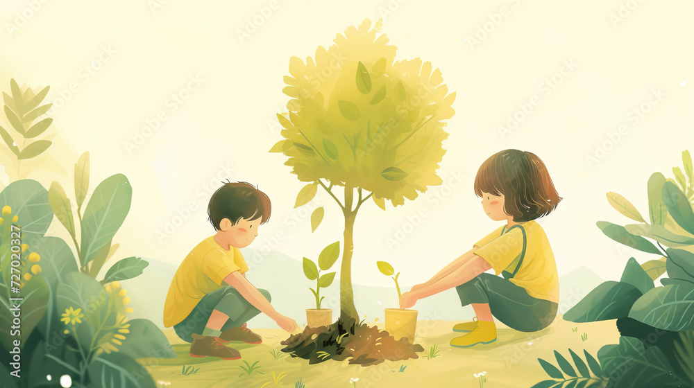 Girl helps boy plant little tree in the garden for arbor day ...