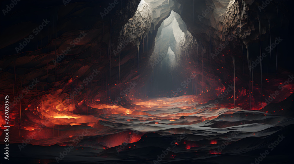 Underground, molten lava cave. digital art. deep cavern. 3d ...