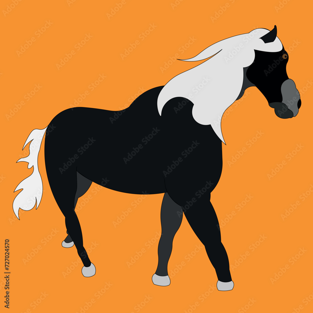 Horse, side view. The animal stands on four legs, its head with its ...