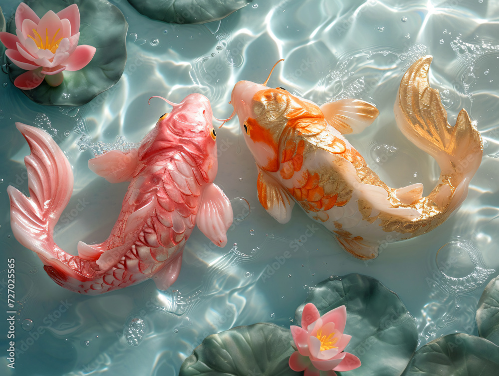 Two koi fish swimming in a pond with a pink flower. The pond has a ...