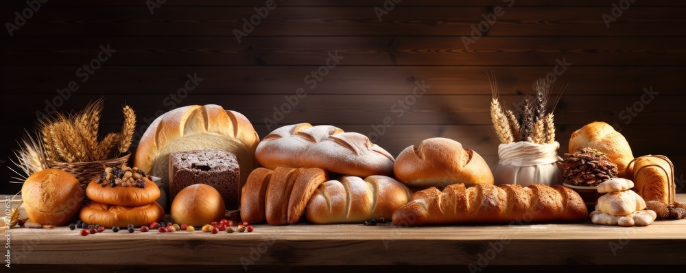 Different types of bread, rolls and pastries, food concept banner ...