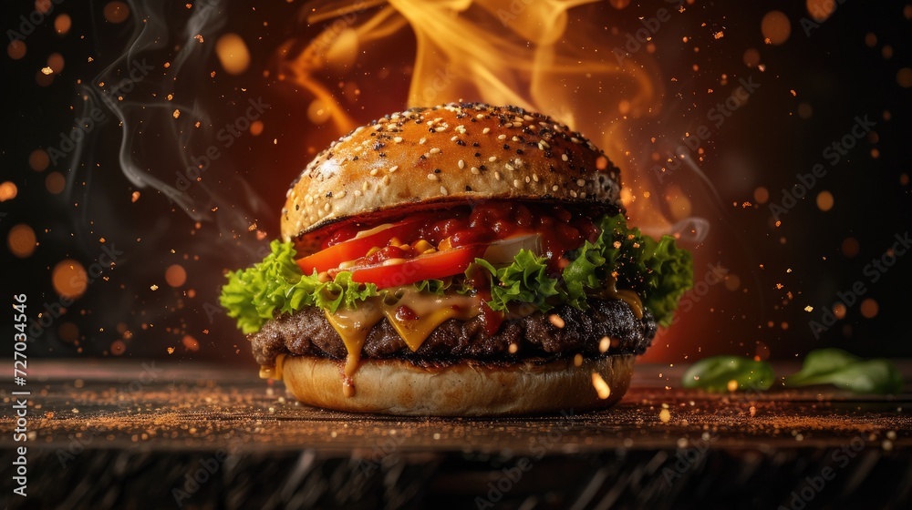 hamburger on the beach, Mouthwatering double decker burger with all the ...