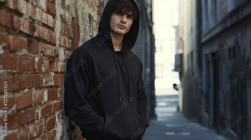 In a dimly lit urban alley, a tall and brooding male model confidently ...