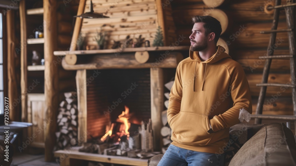 In a rustic cabin with a roaring fireplace, a cozy guy wears a warm ...