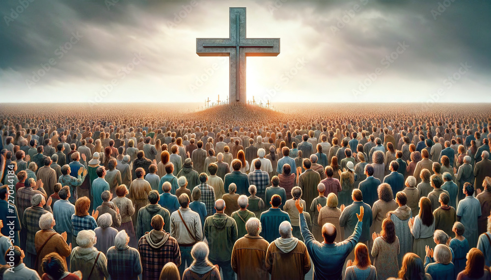 A large crowd of diverse people gather in front of a giant cross under ...