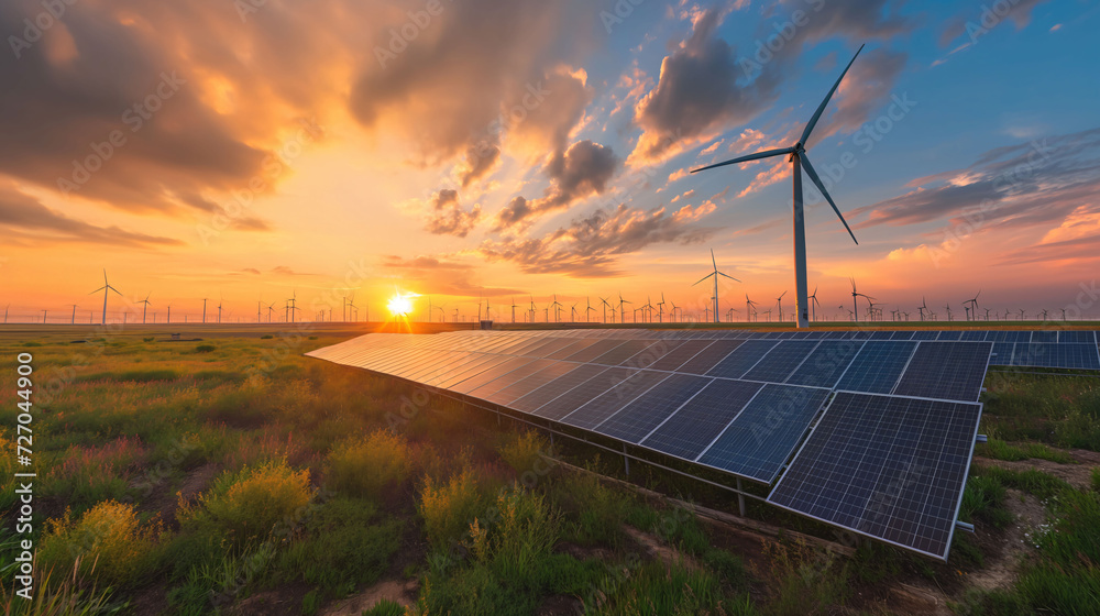 Solar cell in solar farm with wind mill, Alternative energy and ...