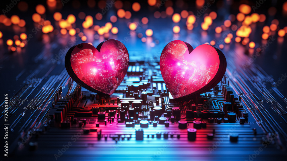 Futuristic concept of love and technology with glowing neon hearts on a ...