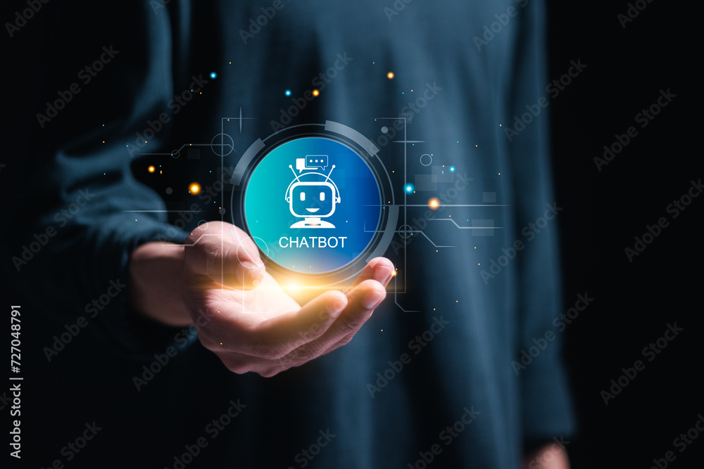 AI chatbot concept, Person hold virtual AI chatbot for communicate and ...