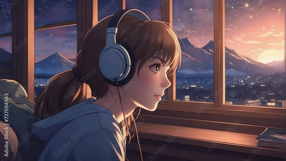 Cute anime girl looking at the sky and the stars. illustration lofi ...