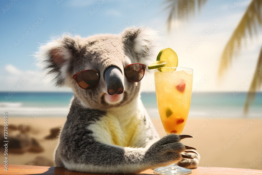 koala bear lying on sun bed and drinking a cocktail in summer sunny sea ...