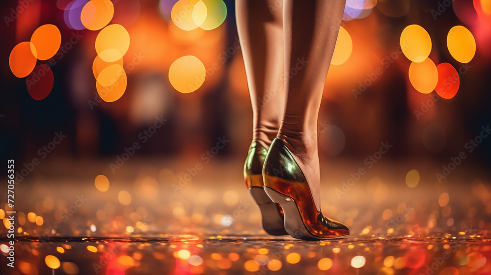 ภาพประกอบสต็อก christmas lights, Female legs in high-heeled shoes on ...