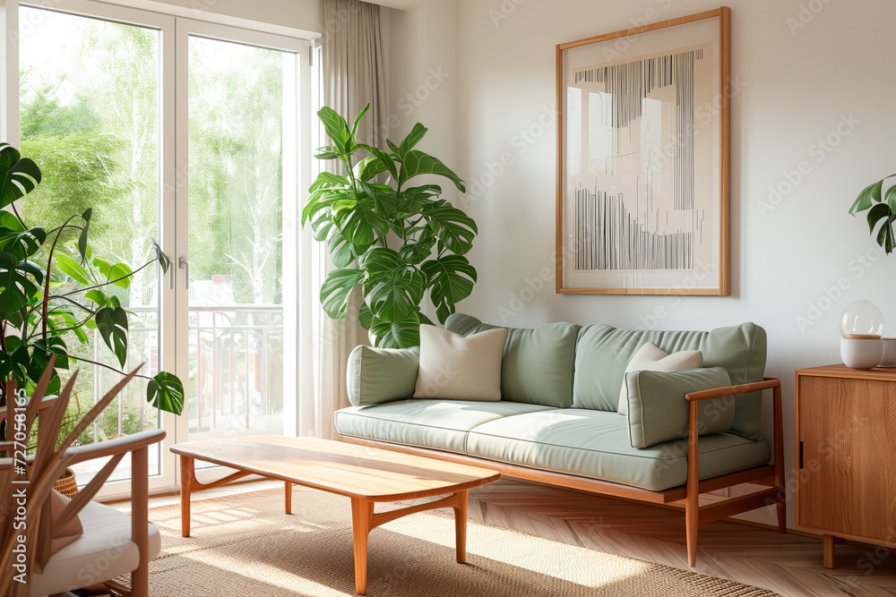 Sunlit Living Space with Lush Greenery and Art. A sun-filled living ...
