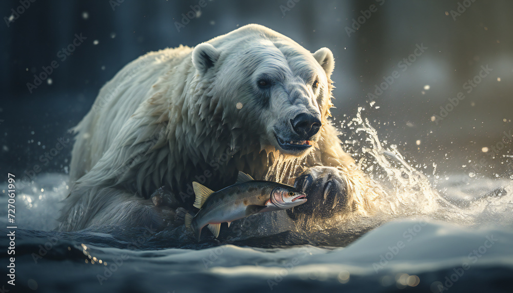Recreation of a polar bear hunting a fish in a river Stock Illustration ...