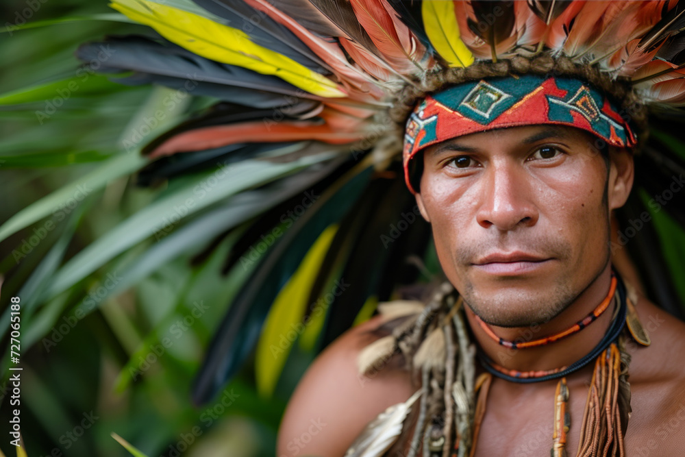 Portrait of an indigenous Amazonian, an aborigine, in traditional ...