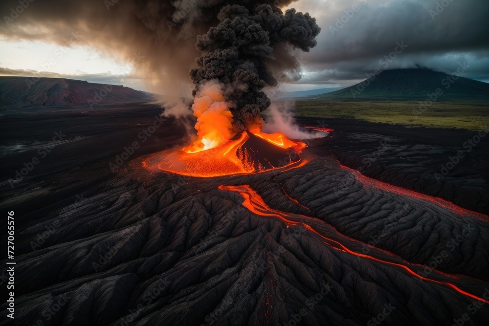 an aerial view of a volcano spewing lava into the air, magma and lava ...