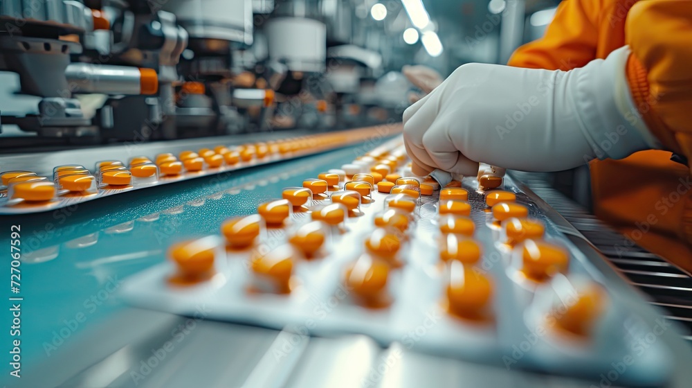 Modern drug manufacturing plant showcasing dynamic pills on conveyors ...