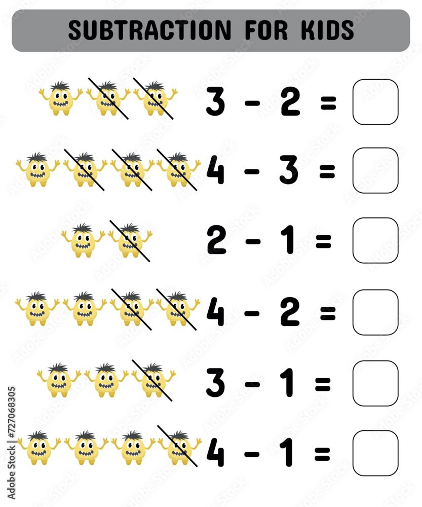 Subtraction game for kids with cute monsters. Matching game. Printable ...