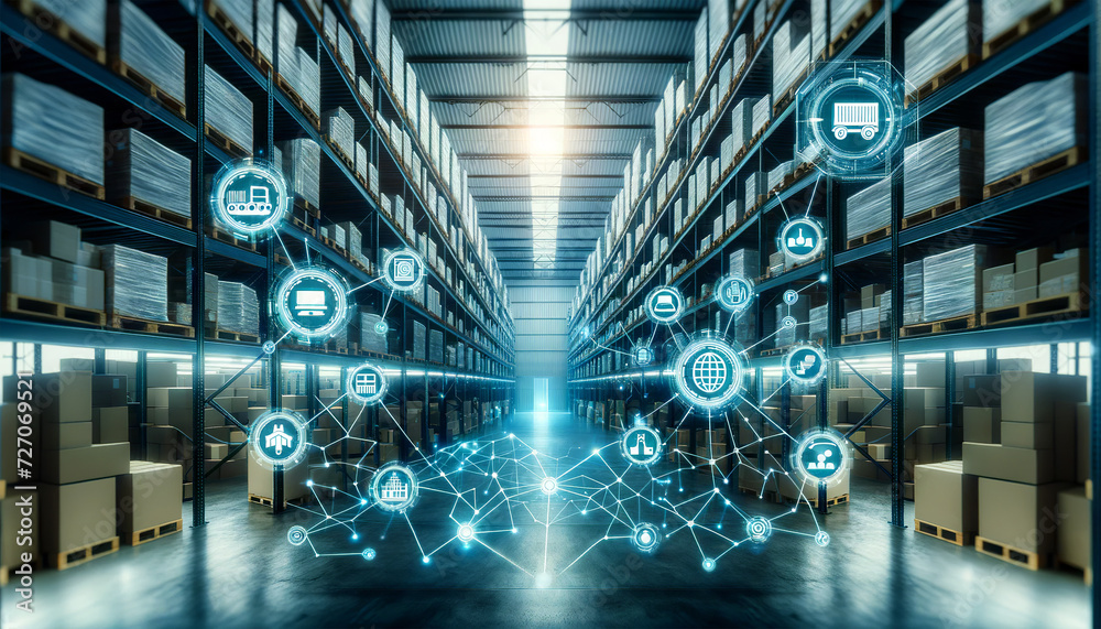 Futuristic warehouse with smart network technology symbols floating ...