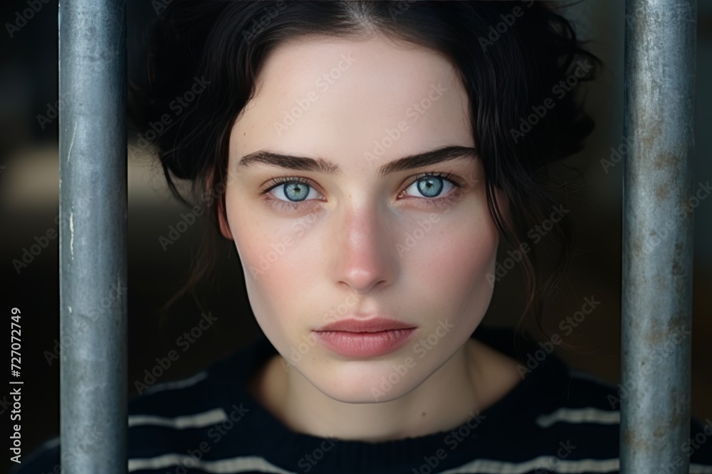 Female prisoner gazing into the camera from behind the jail cell bars ...