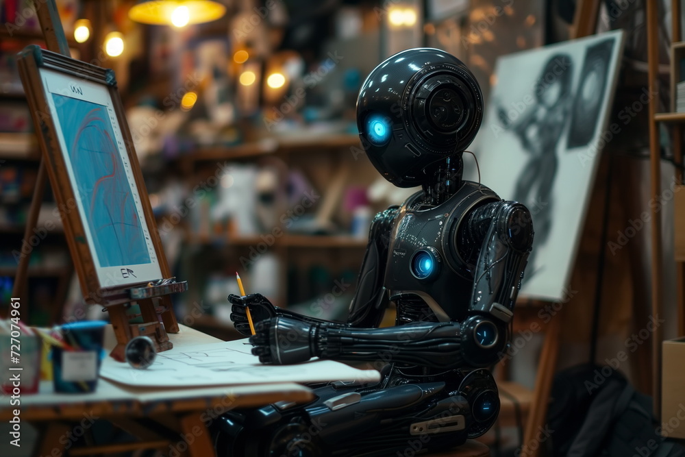 Robot Ai robot drawing on canva studio, Cyborg painting. Humanoid Robot ...
