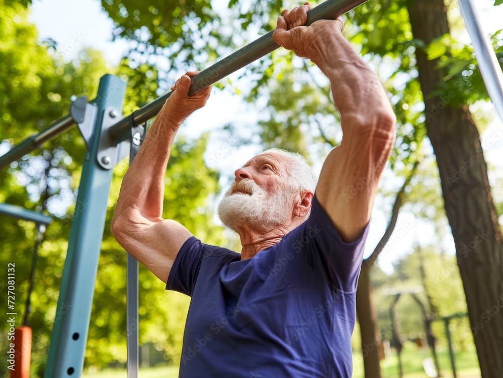 An elderly man doing pull-ups in an outdoor fitness park, demonstrating ...