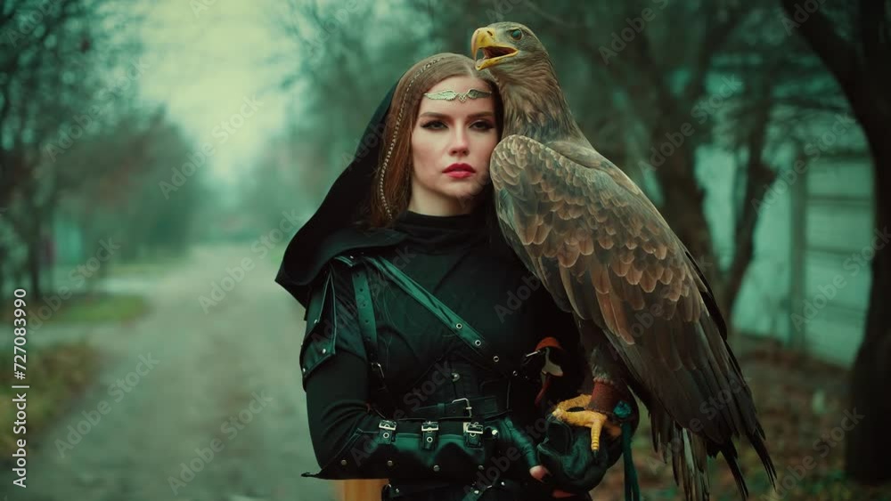 art portrait fantasy woman looking at camera holding white-tailed eagle ...