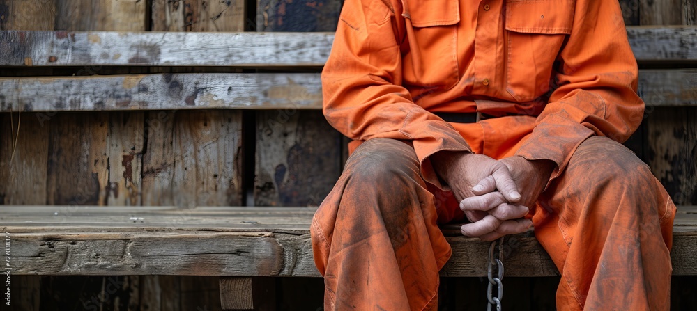 Alone prisoner dressed in orange sitting on bench in jail cell with ...
