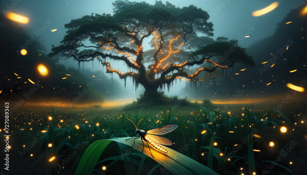 Fireflies flying around a gnarled old oak tree at twilight in a misty ...