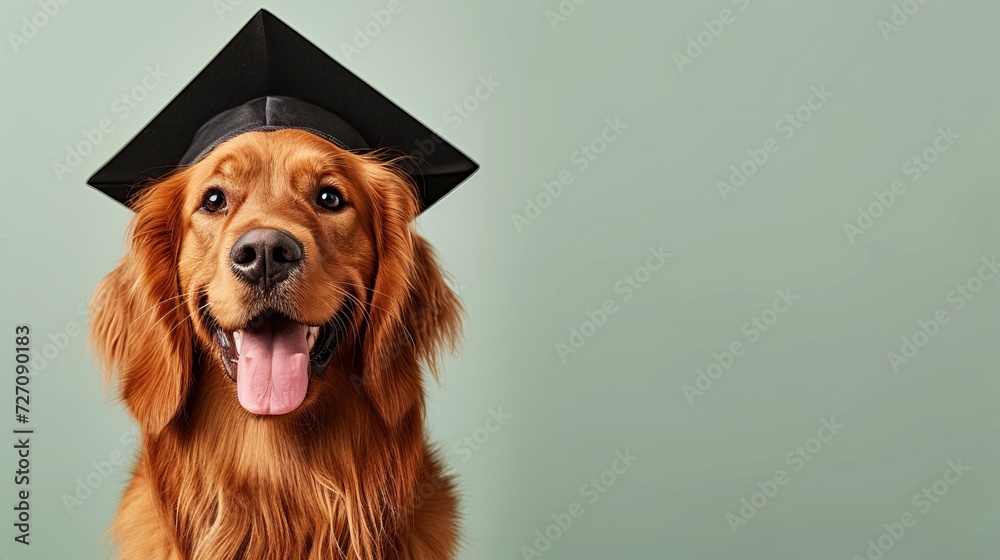 Amusing dog in graduation cap and gown on pastel background with space ...