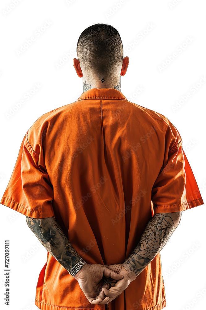 Rear view of a male prisoner wearing a prison uniform isolated on ...