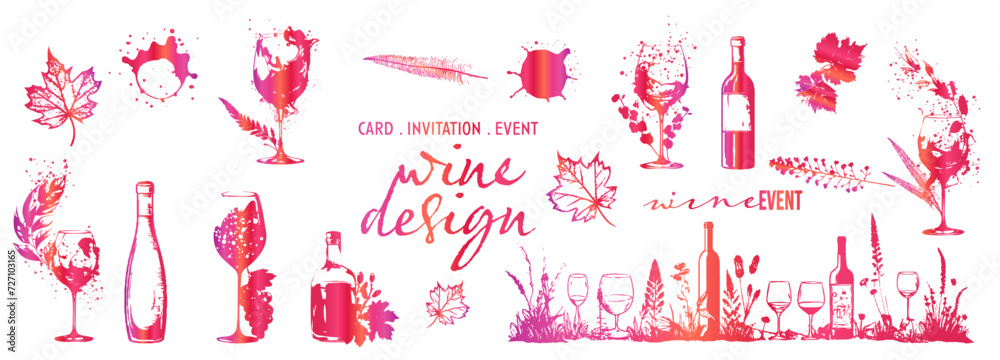 Colorful wine designs - Collection of wine glasses. Sketch vector ...