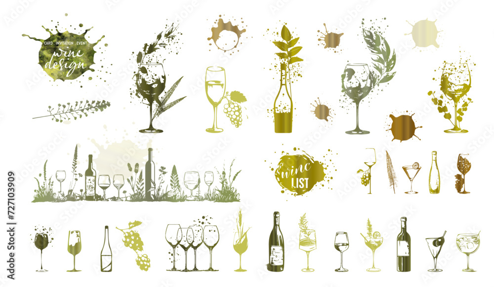 Colorful wine designs - Collection of wine glasses. Sketch vector ...