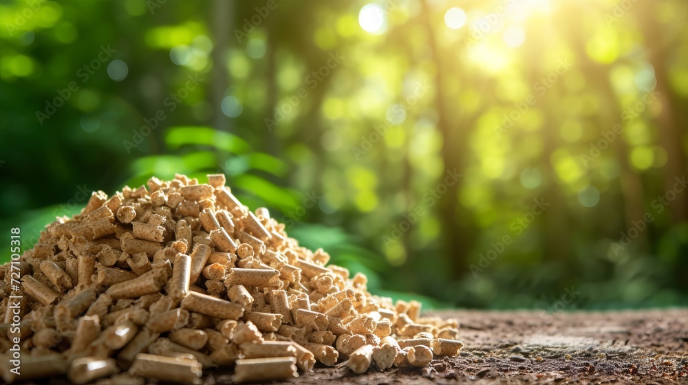 Stacked biomass wood pellets pile with blurred background and copy ...
