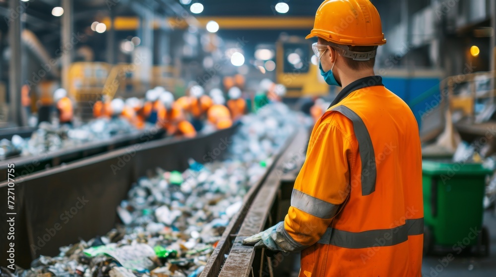 Male worker sorting trash material to be processed in a waste recycling ...
