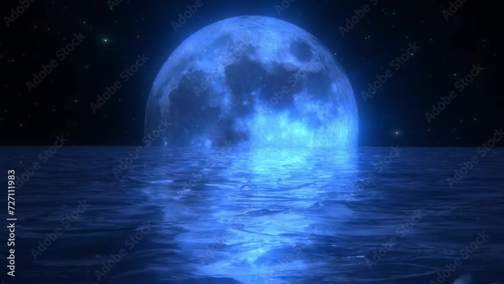 Full and New moon phases on a starry sky and water waves bright neon ...