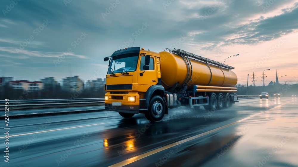 Heavy truck with a chrome metal tanker rushing ride in industrial area ...