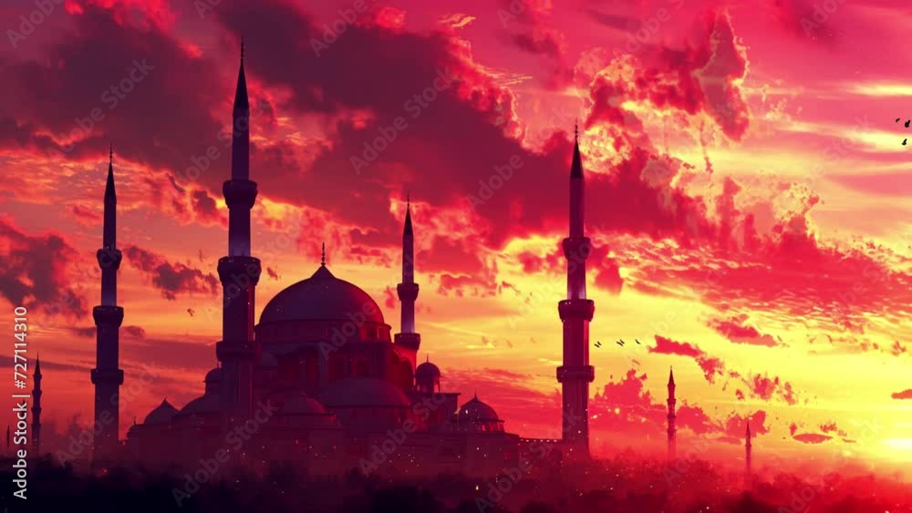mosque is silhouetted against a fiery sunset, loop video background ...