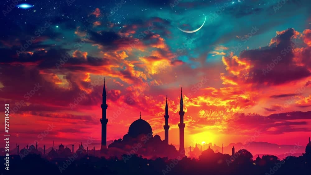 mosque is silhouetted against a fiery sunset, loop video background ...