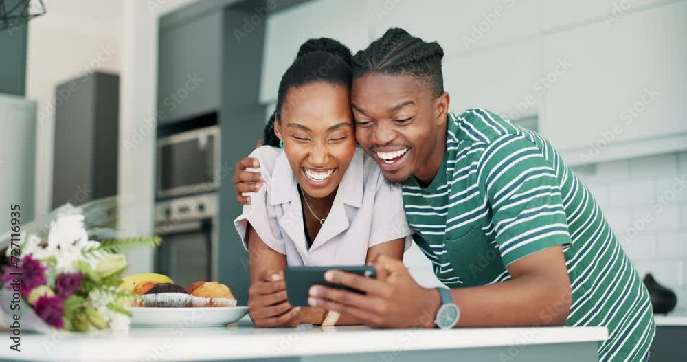 Couple, phone and laughing in conversation, breakfast and internet for ...