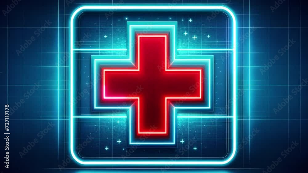 Medical background with a blue neon frame and a red cross inside. Stock ...