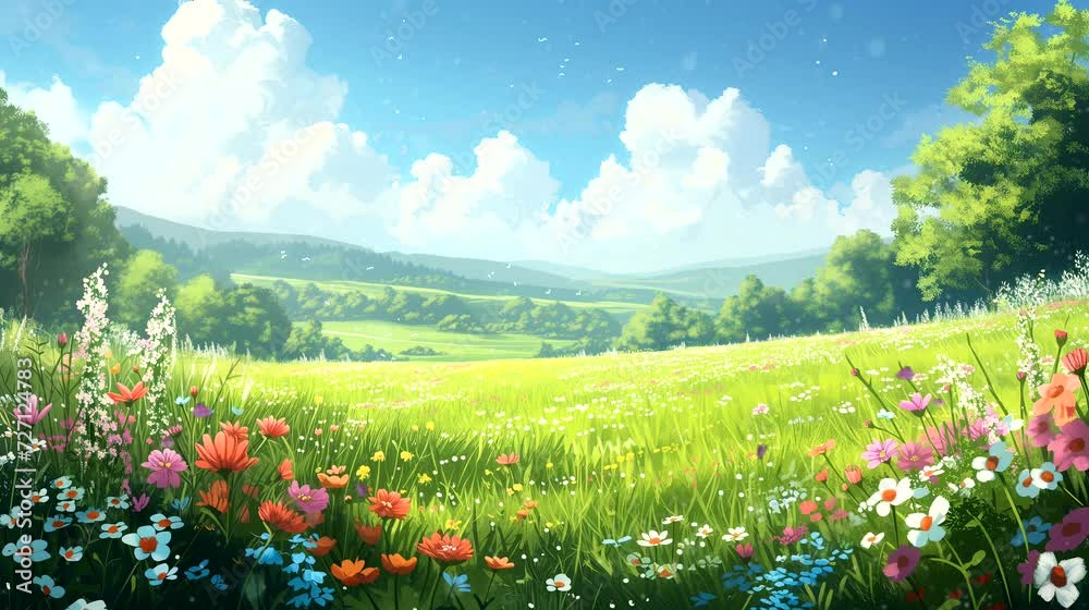 The beauty of a lush, rolling meadow adorned with wildflowers. Anime or ...