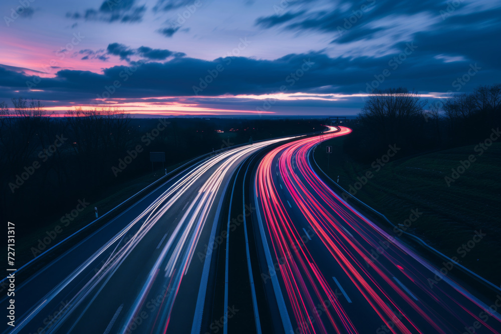 At dusk, the car's light rail lights up on the rural highways. Stock ...