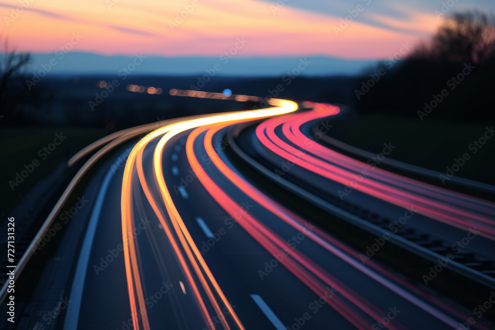 At dusk, the car's light rail lights up on the rural highways. Stock ...
