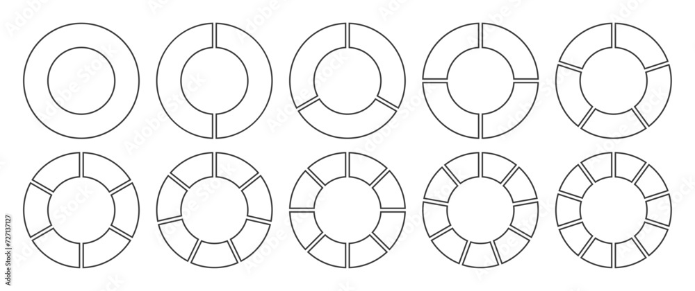 Circle divided into 1-8 parts in black color outline. Hollow circle segmented into 1-10 parts ...