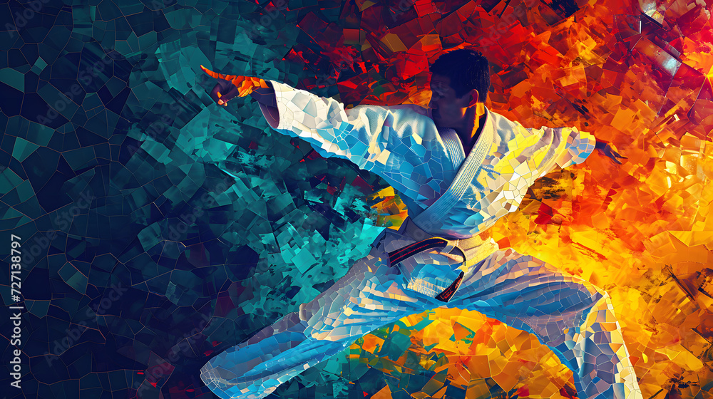 Immerse in the precision of JUDO with a neon mosaic, assembling small ...