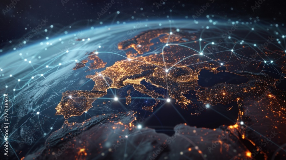 Glowing lines weave across the continent, symbolizing the constant flow ...