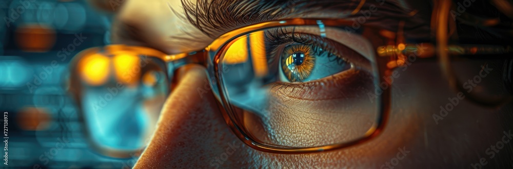 A close-up on a trader's eye, reflecting the intense screen light ...