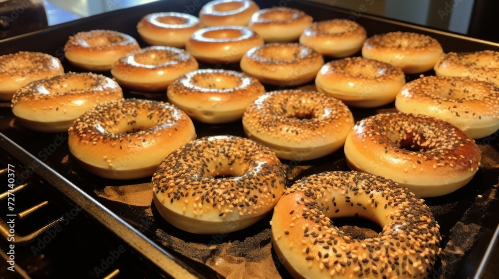 Bagels fresh out of the boiling water bath, ready to be baked to ...