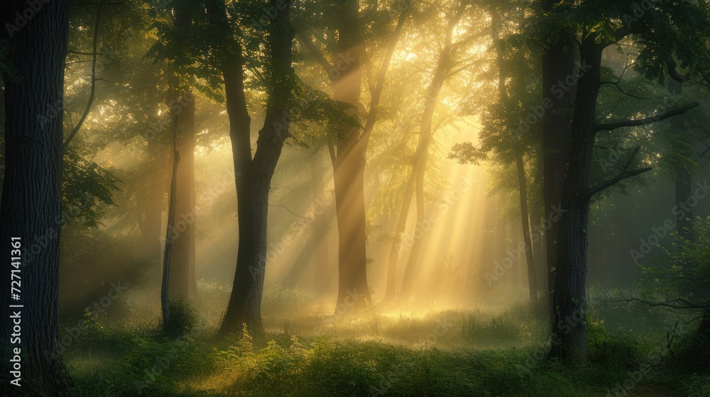Mystic morning, a forest in a symphony of soft light and lingering mist ...