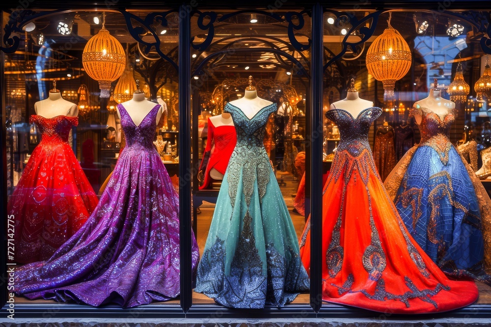 Colorful evening gowns on mannequins in a luxury boutique window ...